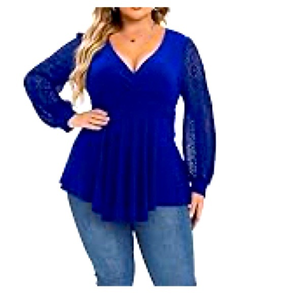Tops | Plus Size Blue Lace Sleeve Shirt | Poshmark